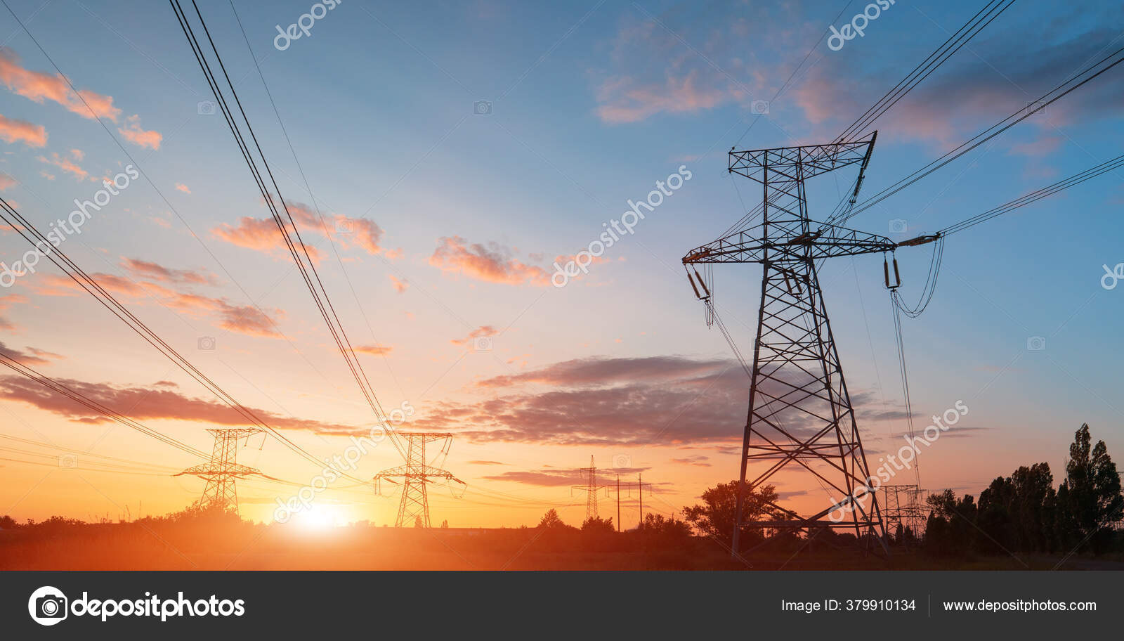 High Voltage Power Lines Background Beautiful Cloudy Sunset Sky Sun ...