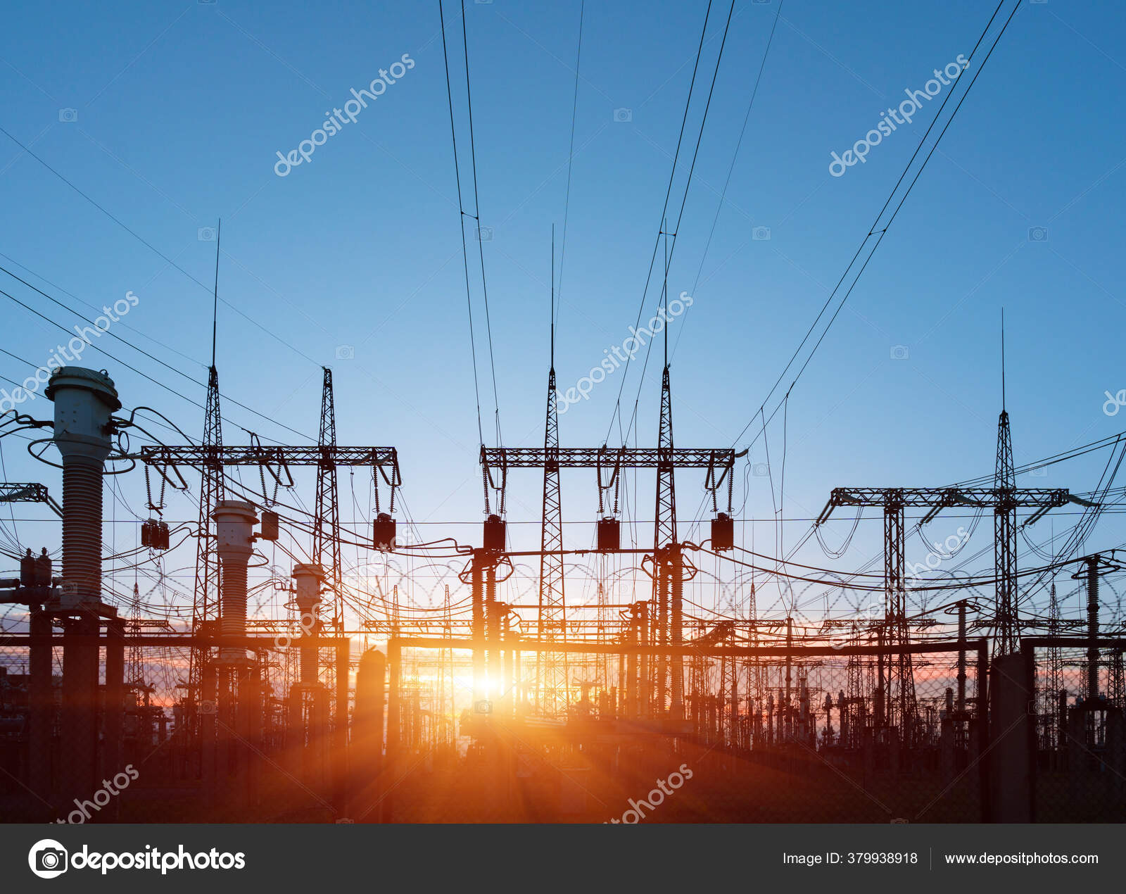 Distribution Electric Substation Power Lines Transformers Sunset ...