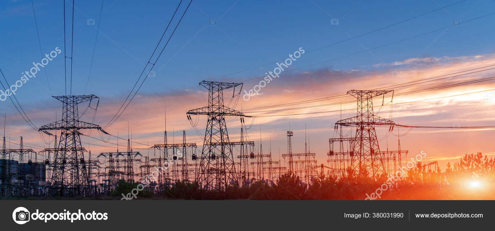 Distribution Electric Substation Power Lines Transformers Sunset Stock ...
