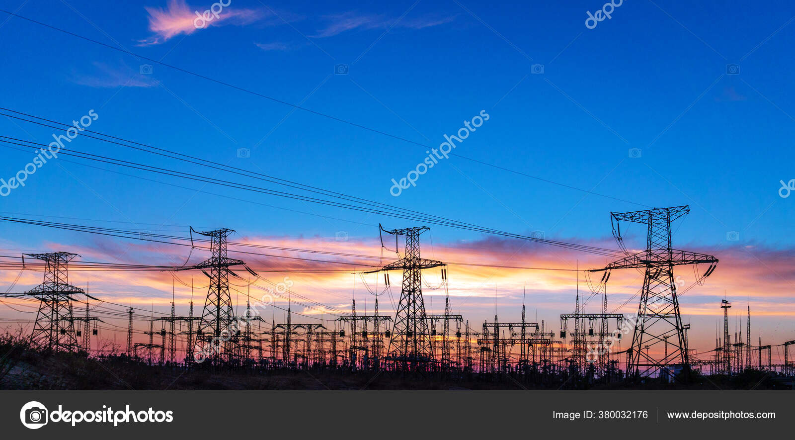 Distribution Electric Substation Power Lines Transformers Sunset ...