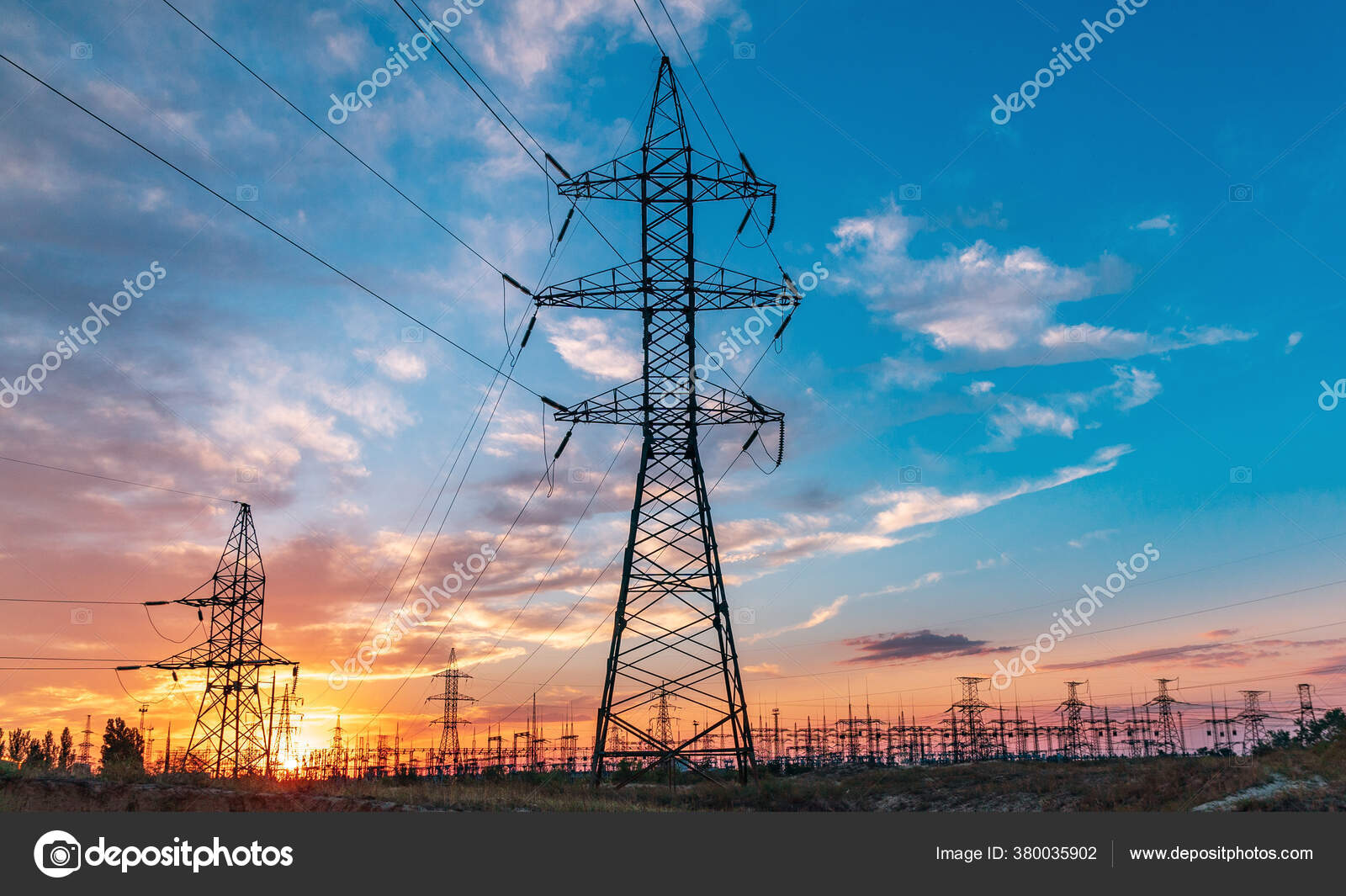 High Voltage Power Lines Background Beautiful Cloudy Sunset Sky Sun ...