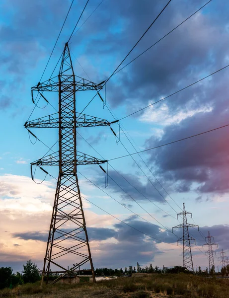 High-voltage power lines. Electricity distribution station. high ...