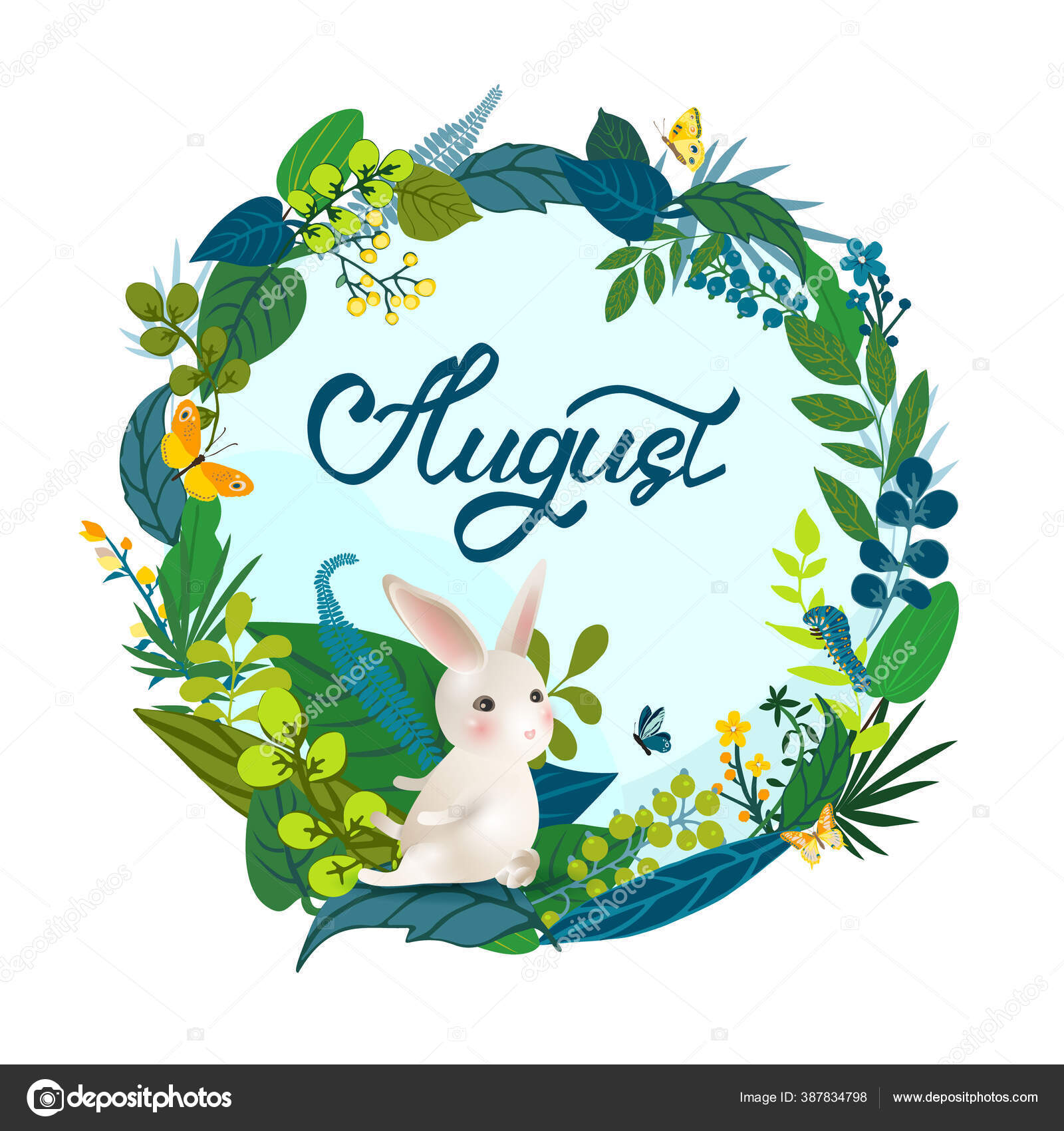 Monthly calendar page with hand drawn lettering August and cute rabbit ...