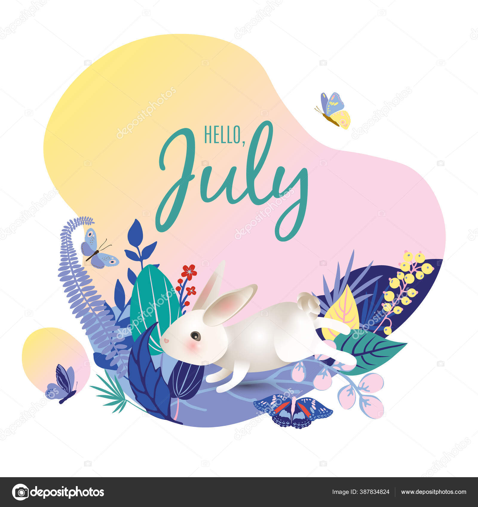 Monthly calendar page with text Hello July and cute character rabbit ...