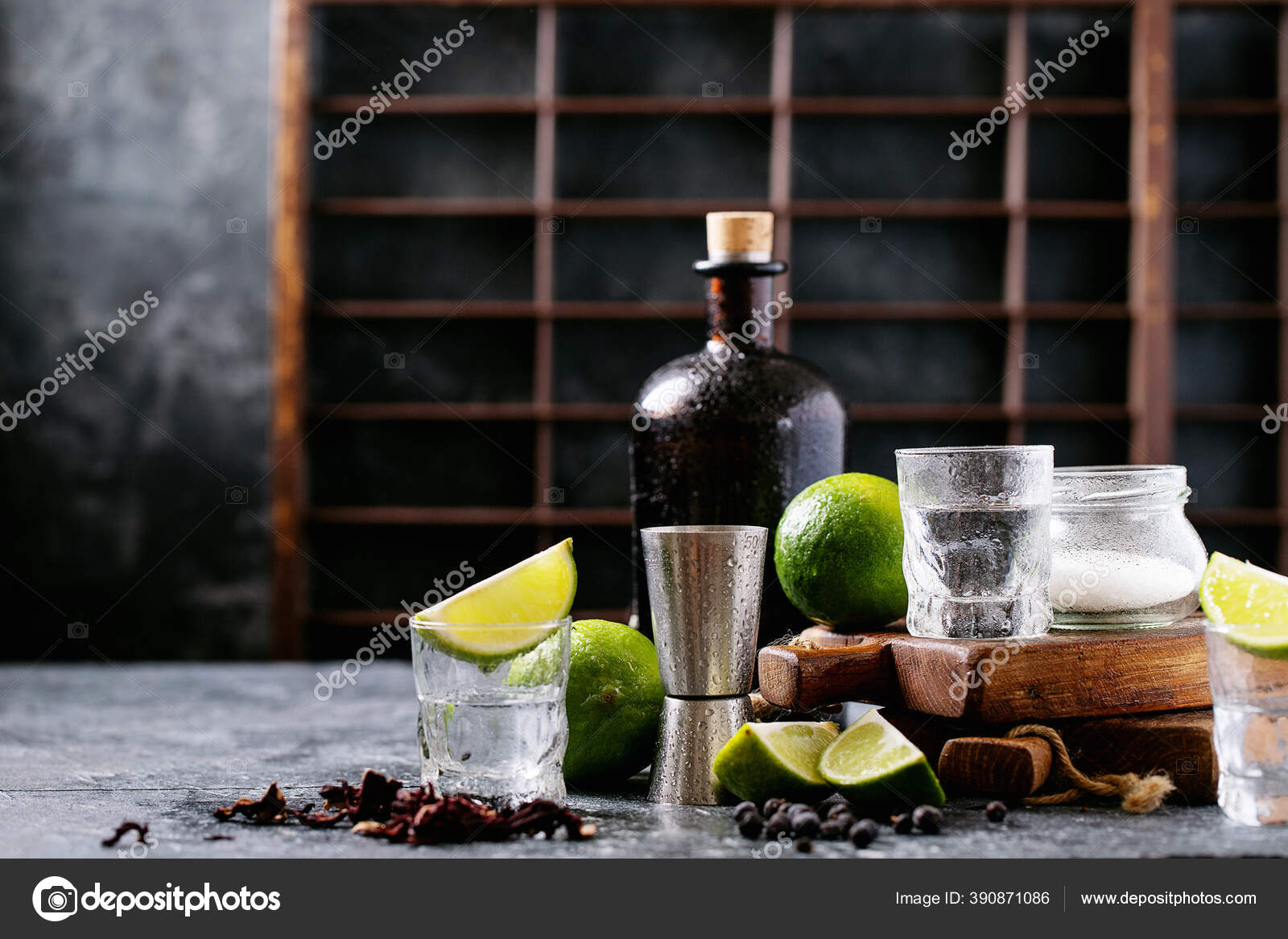 Tequila Glass Served Mint Limes Salt Dark Texture Background Stock ...