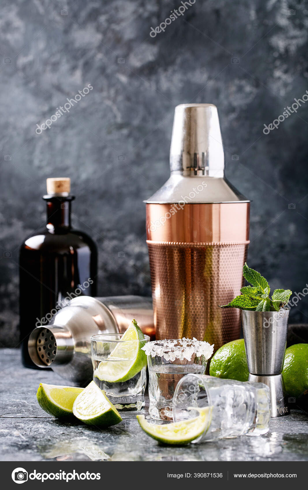 Tequila Glass Served Mint Limes Salt Dark Texture Background Stock ...