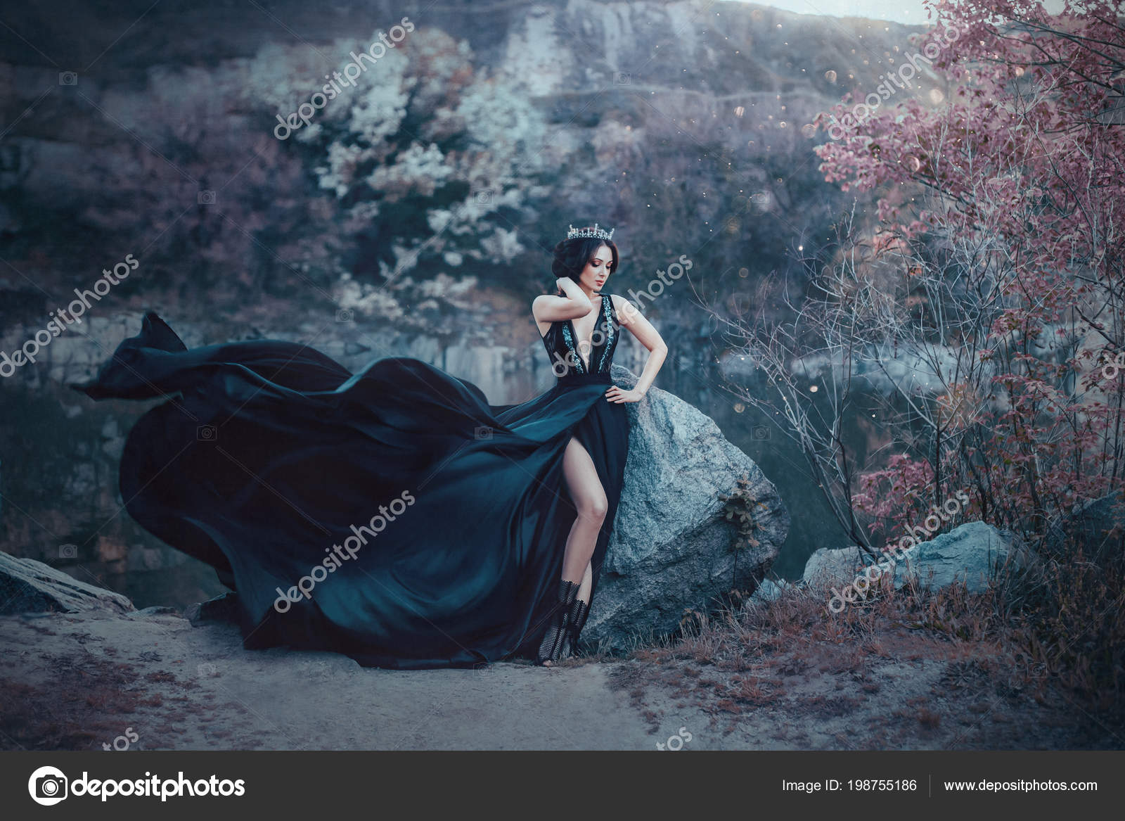 Dark Queen Pose Background Gloomy Rocks Luxurious Black Dress Long ...