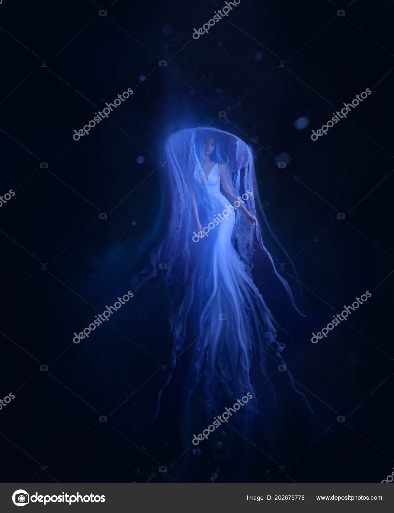 Jellyfish Girl Floating Levitation Dark Ocean Floor Beautiful White ...