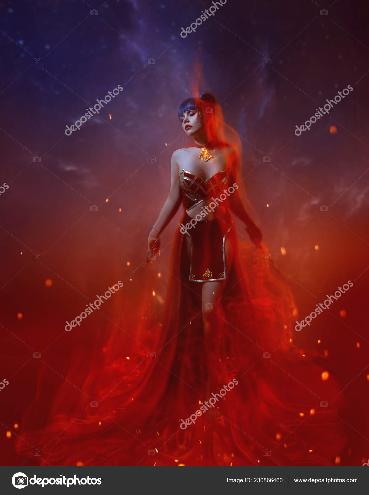 Fire Warrior Stands Flame Gorgeous Young Slim Girl Blue Long Stock ...