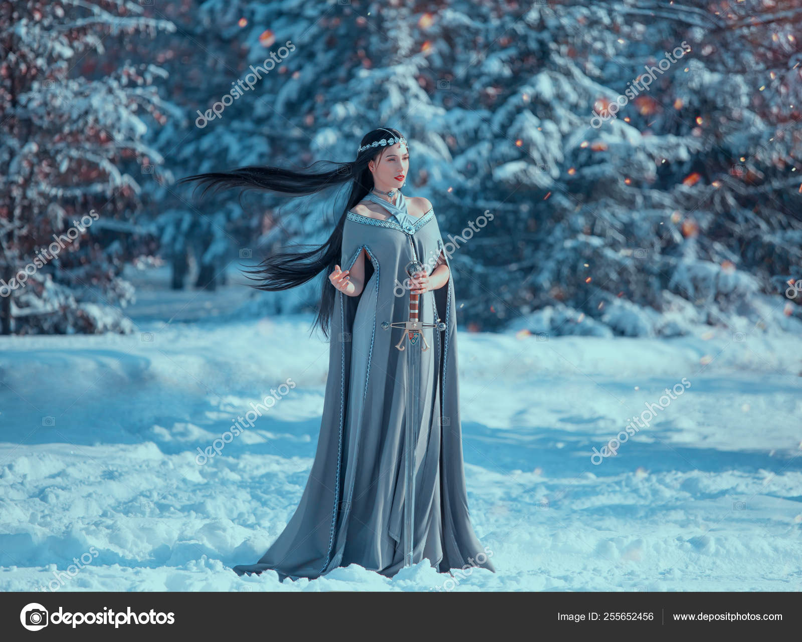 Charming attractive lady in snowy forest, militant elf princess with ...