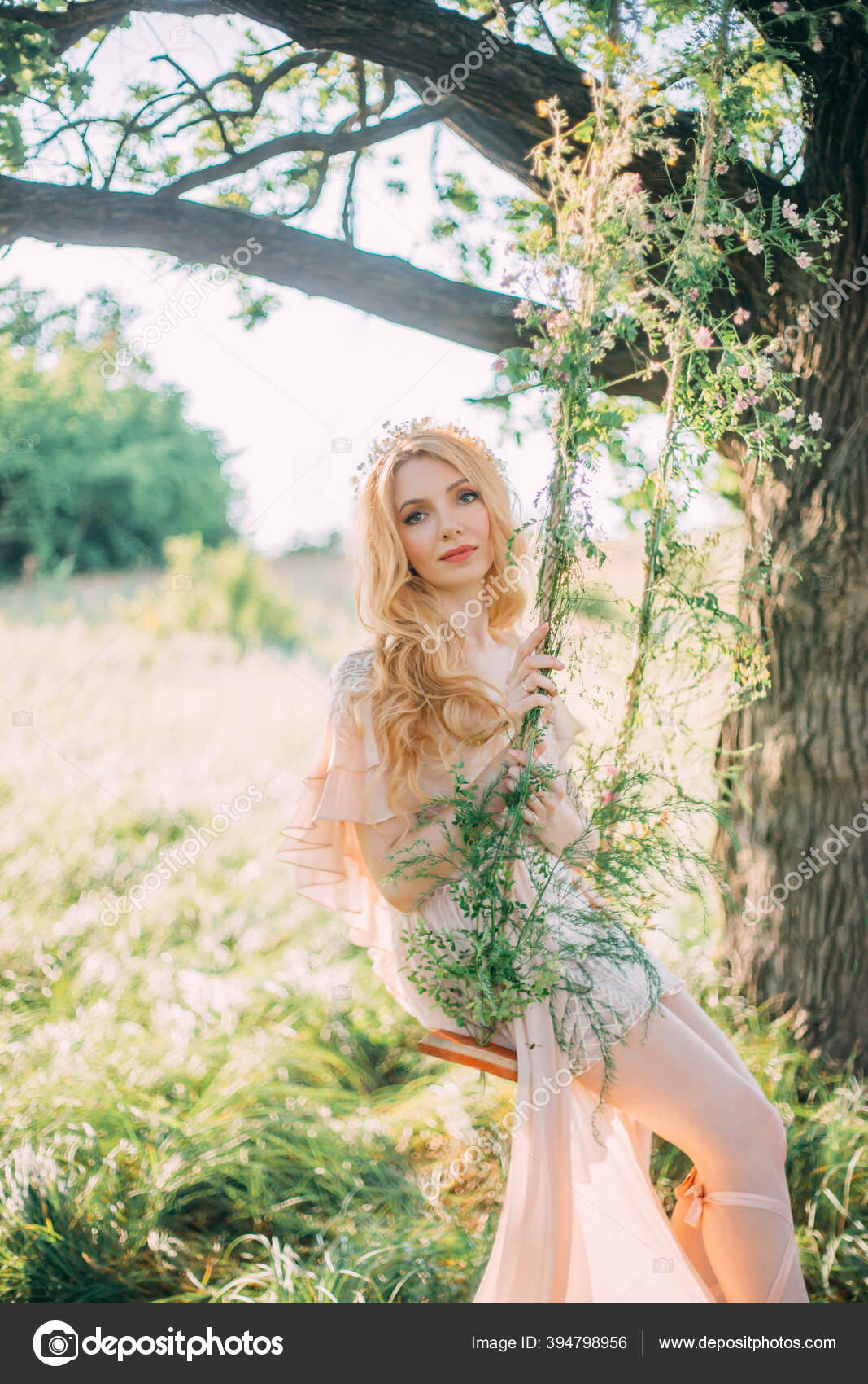 Portrait Young Fantasy Beautiful Woman Nymph Girl Princess Sitting On