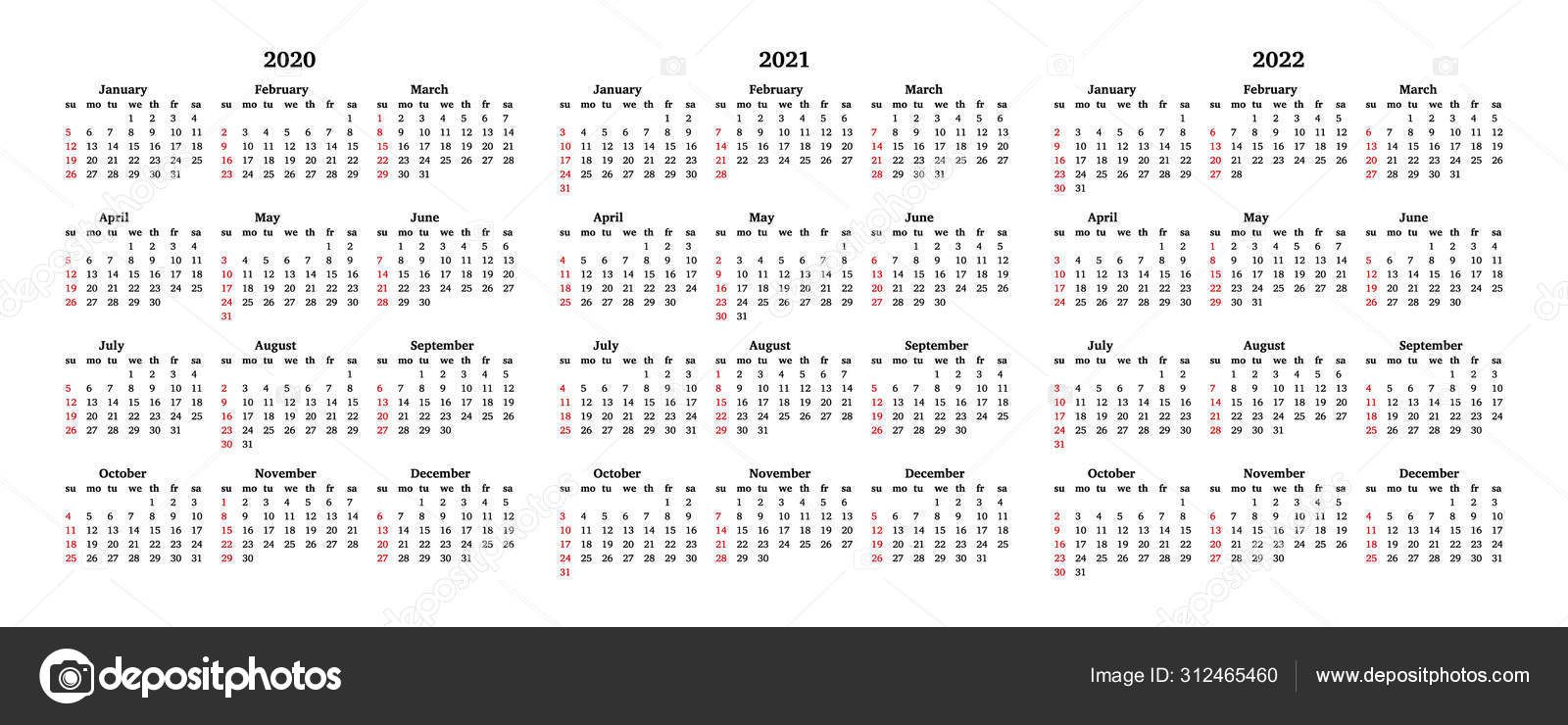 Calendars for 2020, 2021 and 2022 isolated on a white background Stock ...