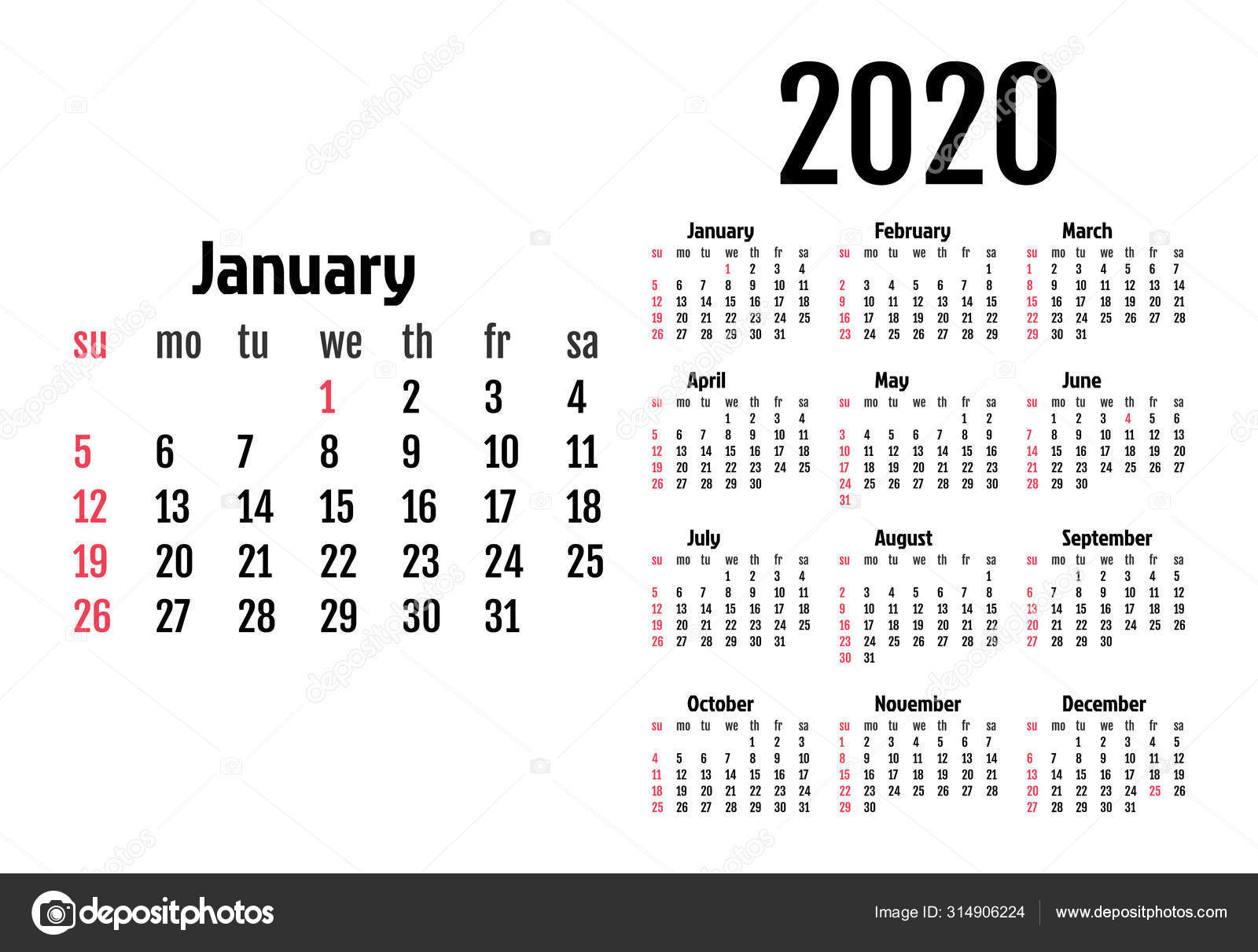 Calendar for 2020 isolated on a white background Stock Vector by ...