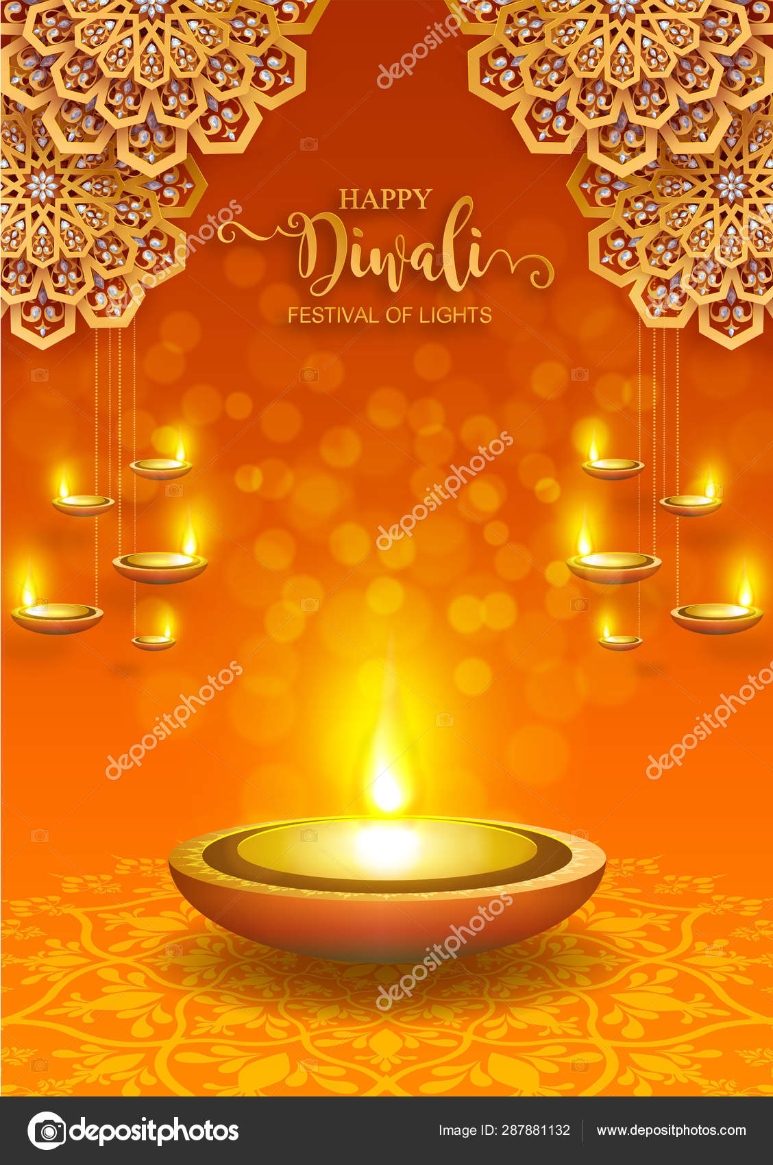 Diwali Deepavali Dipavali Festival Lights India Gold Diya Patterned ...