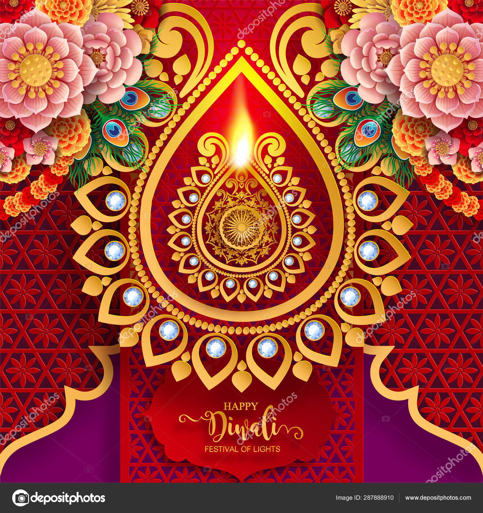 Diwali Deepavali Dipavali Festival Lights India Gold Diya Patterned ...