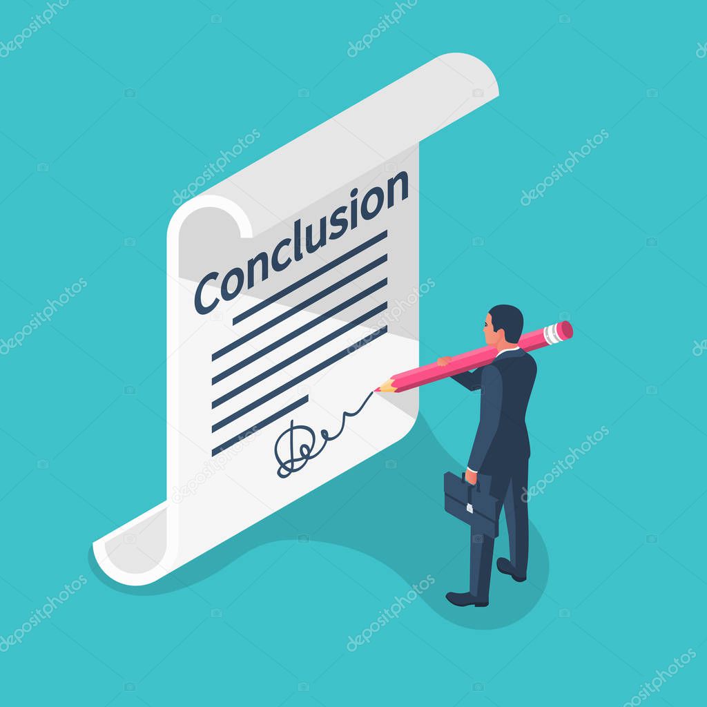 Empresario escribe conclusión, concepto de informe. 2024