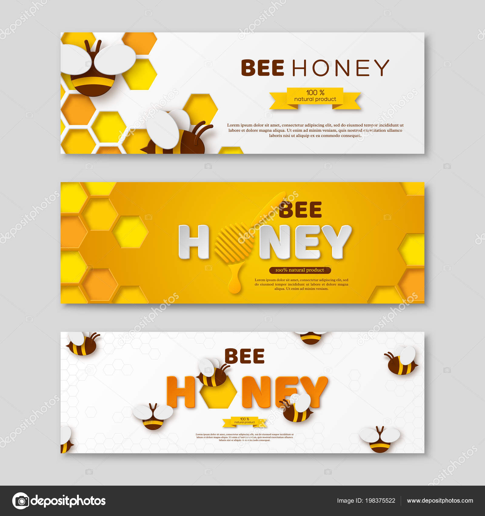 Bee honey horizontal banners with paper cut style letters, comb and ...