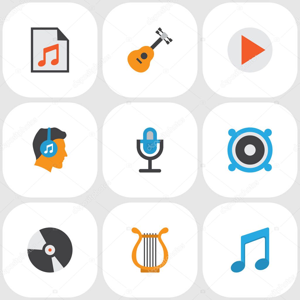 iconos de audio conjunto de estilo plano con comenzar, megáfono ...