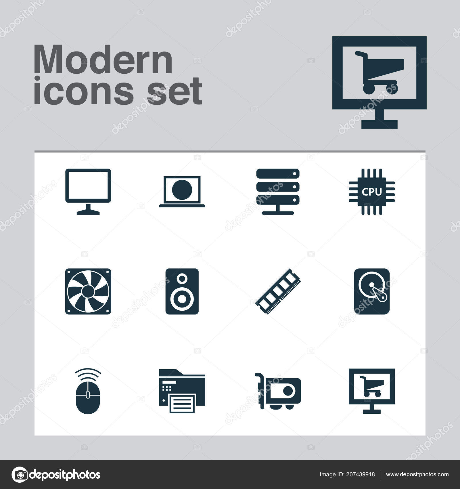Computer icons set with internet, monitor, ram and other hdd elements ...