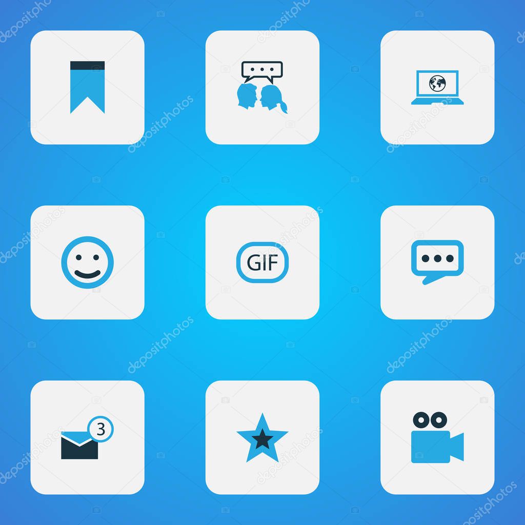 Iconos de medios de comunicaci n de color conjunto con hablar, bander n, di logo y otros ...