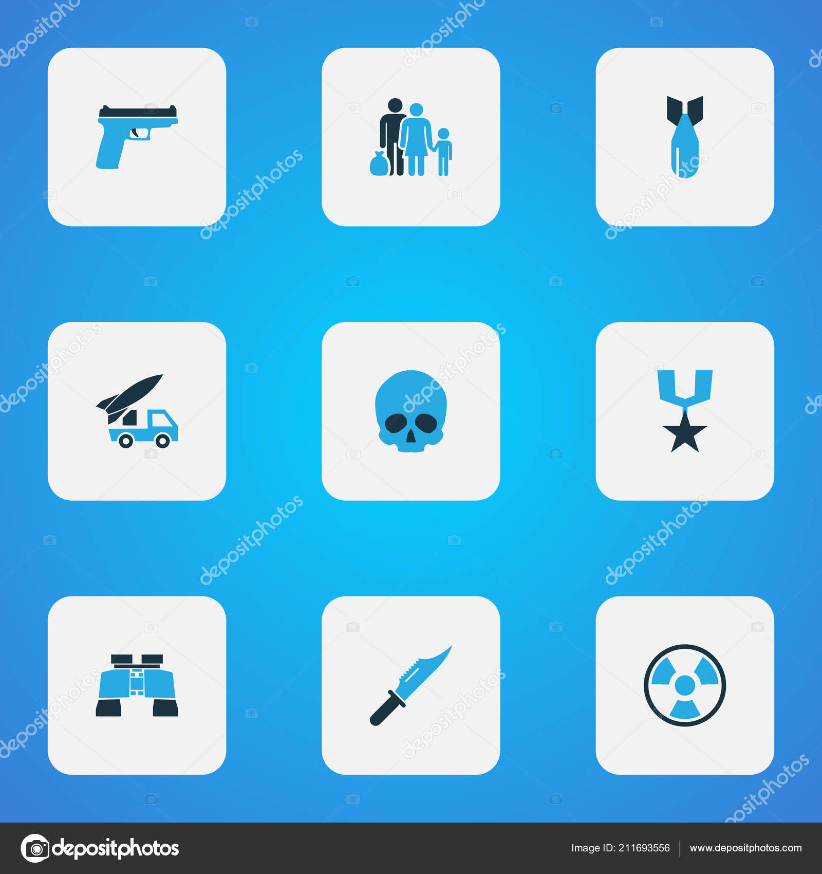 Warfare icons colored set with fugitive, armored car, cranium and other ...