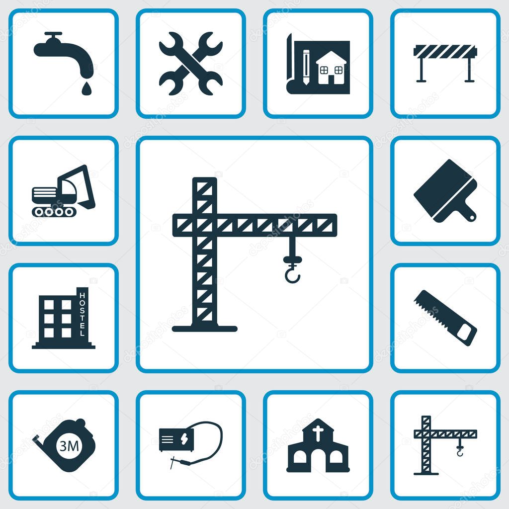 Conjunto de iconos de construcción con grúa, cuchillo de masilla ...