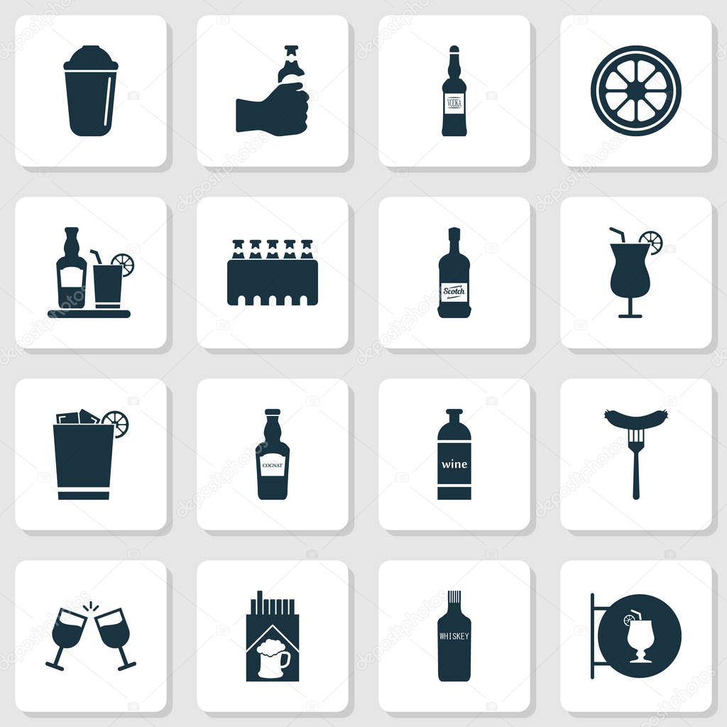 Conjunto de iconos de alcohol con limón, salchichas, cócteles y otros ...