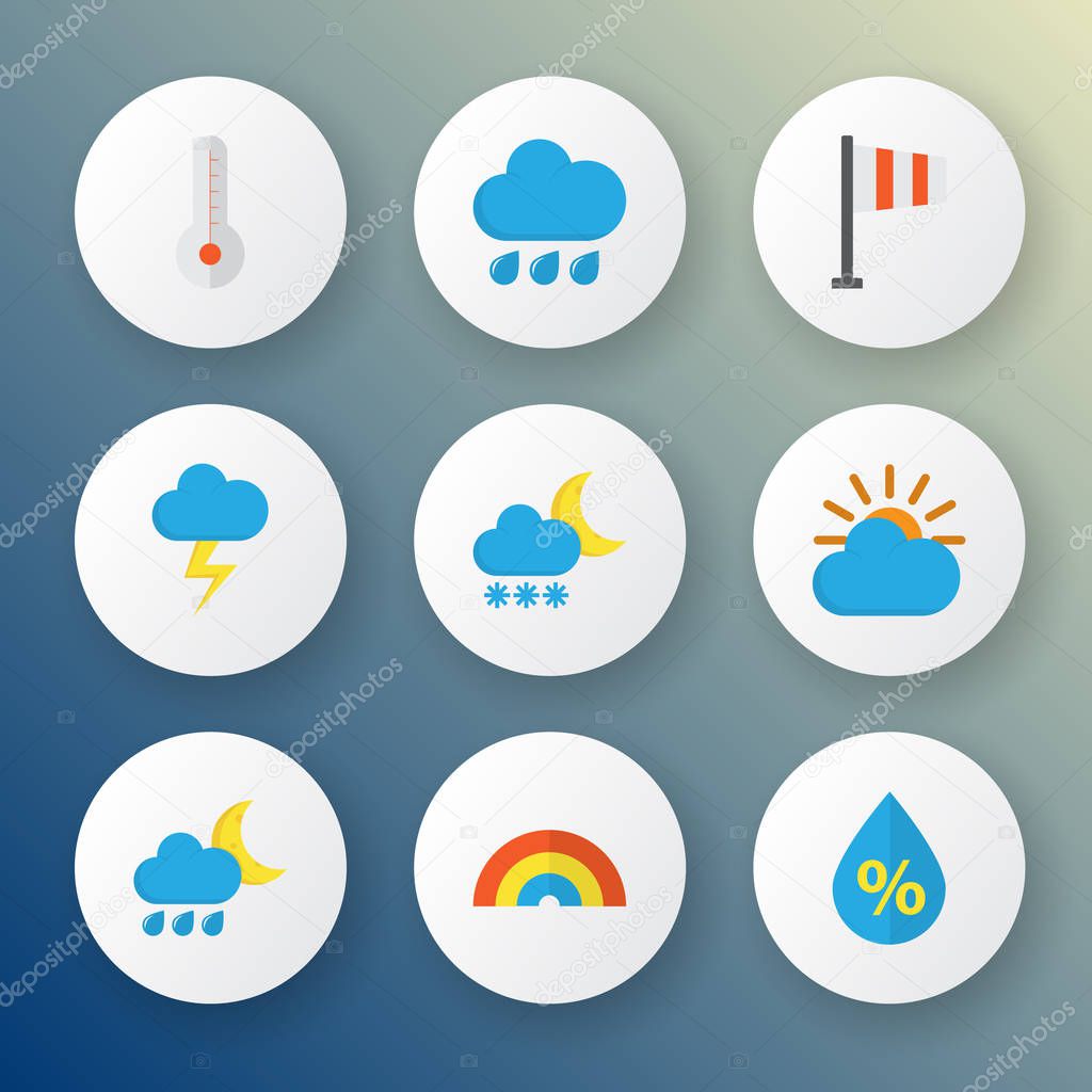 Iconos del clima conjunto de estilo plano con lluvia, ducha, heladas y ...