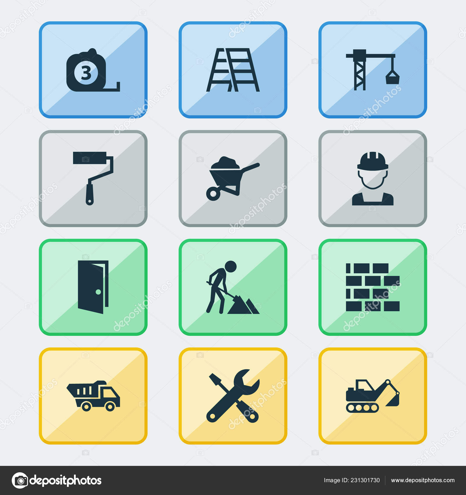 Construction icons set with tower crane, tools, door and other service ...
