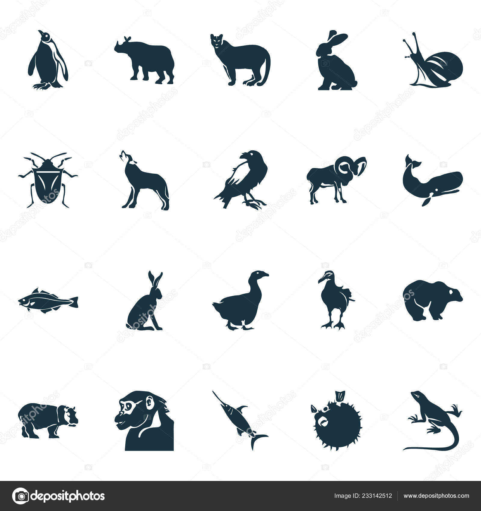 Fauna icons set with raven, chimpanzee, bug and other rhinoceros ...
