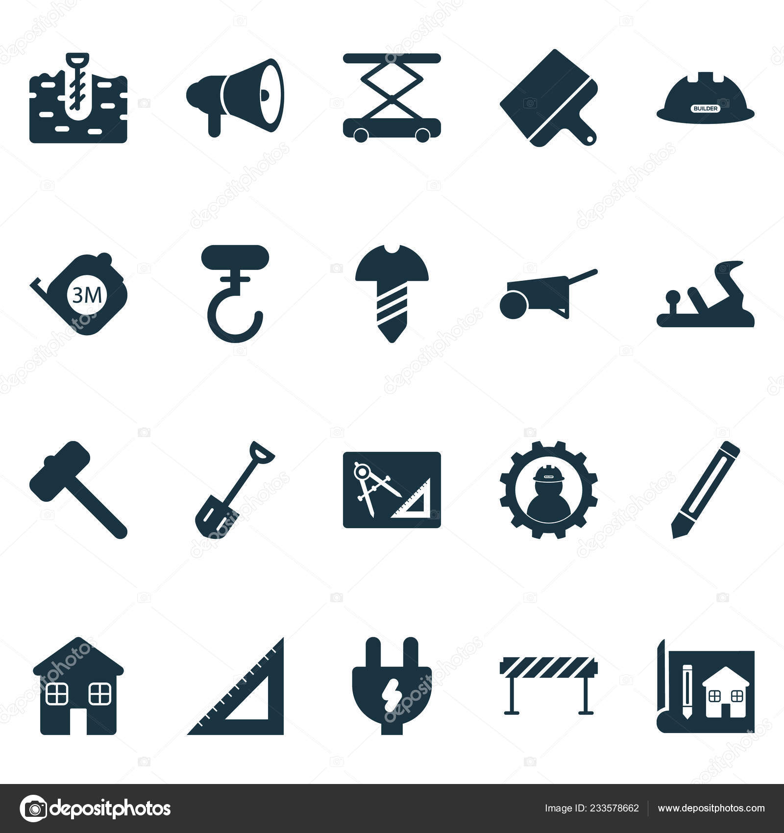 Construction icons set with straightedge, hammer for tiles, horn and ...