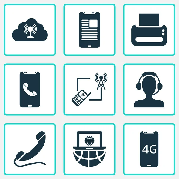Telecommunication icons set with printer, laptop communication, cloud ...