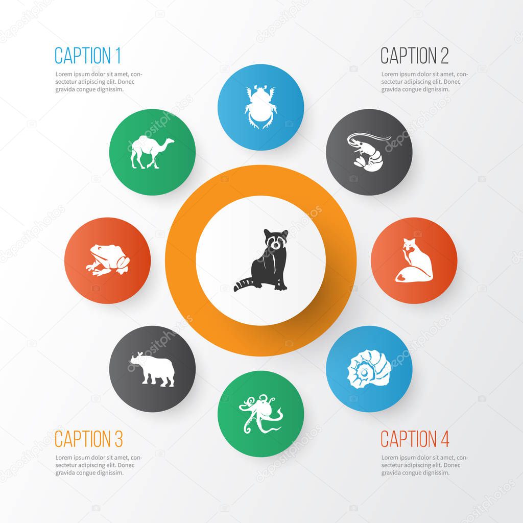 Iconos de fauna con rinoceronte, camarones, camellos y otros elementos ... Iconos de fauna con rinoceronte, camarones, camellos y otros elementos ...