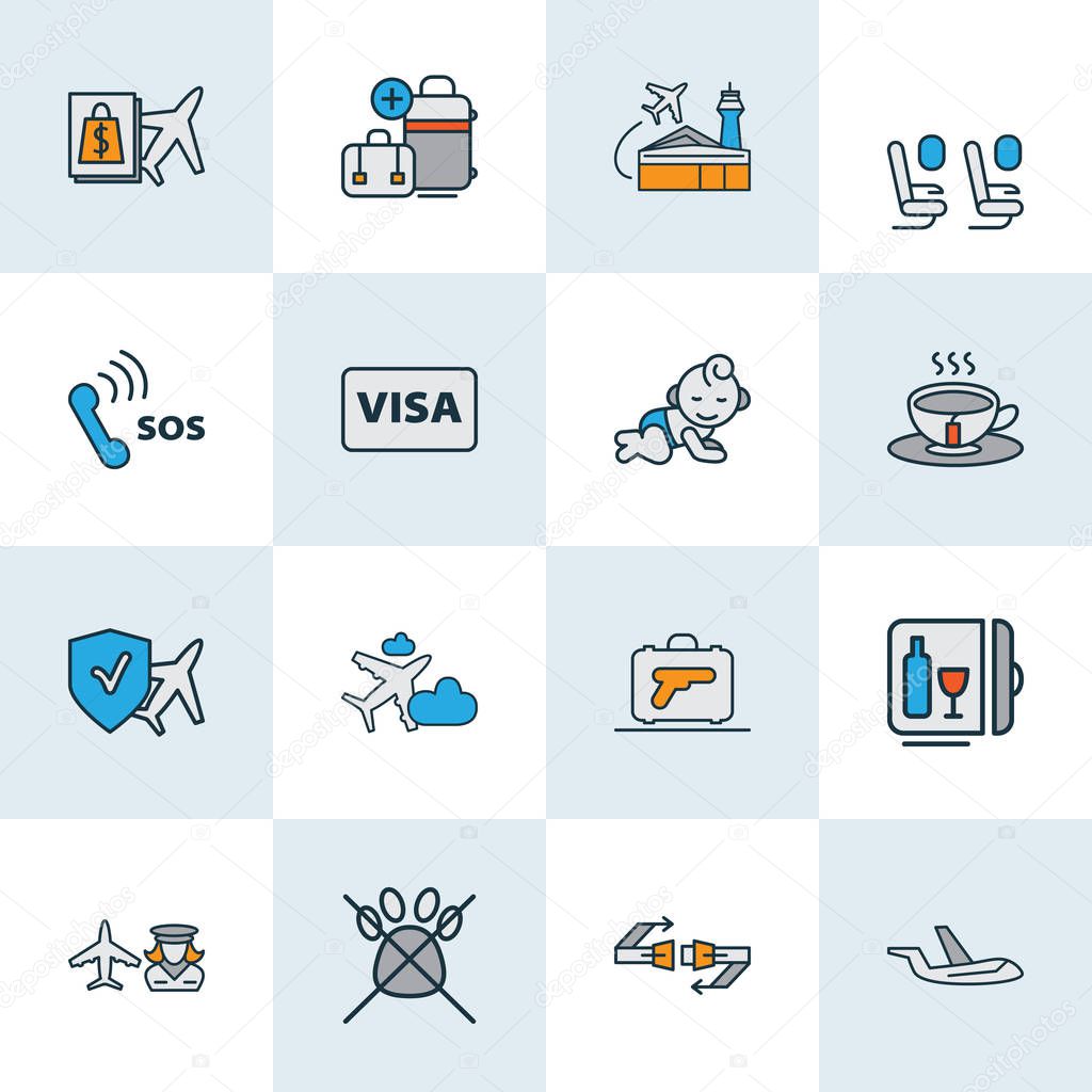 Iconos de viaje de color conjunto de l neas con asientos de avi n, avi n en la nube, contacto de ...