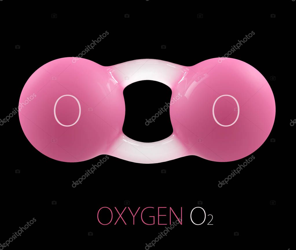 Ilustración 3d del modelo de molécula de oxígeno sobre fondo negro 2023