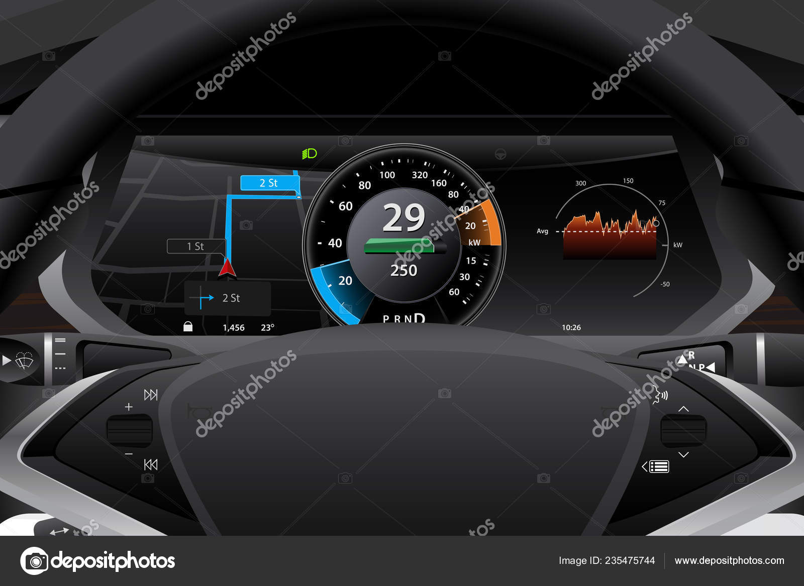 Electric car dashboard display closeup. Stock Vector by ©Scharfsinn ...