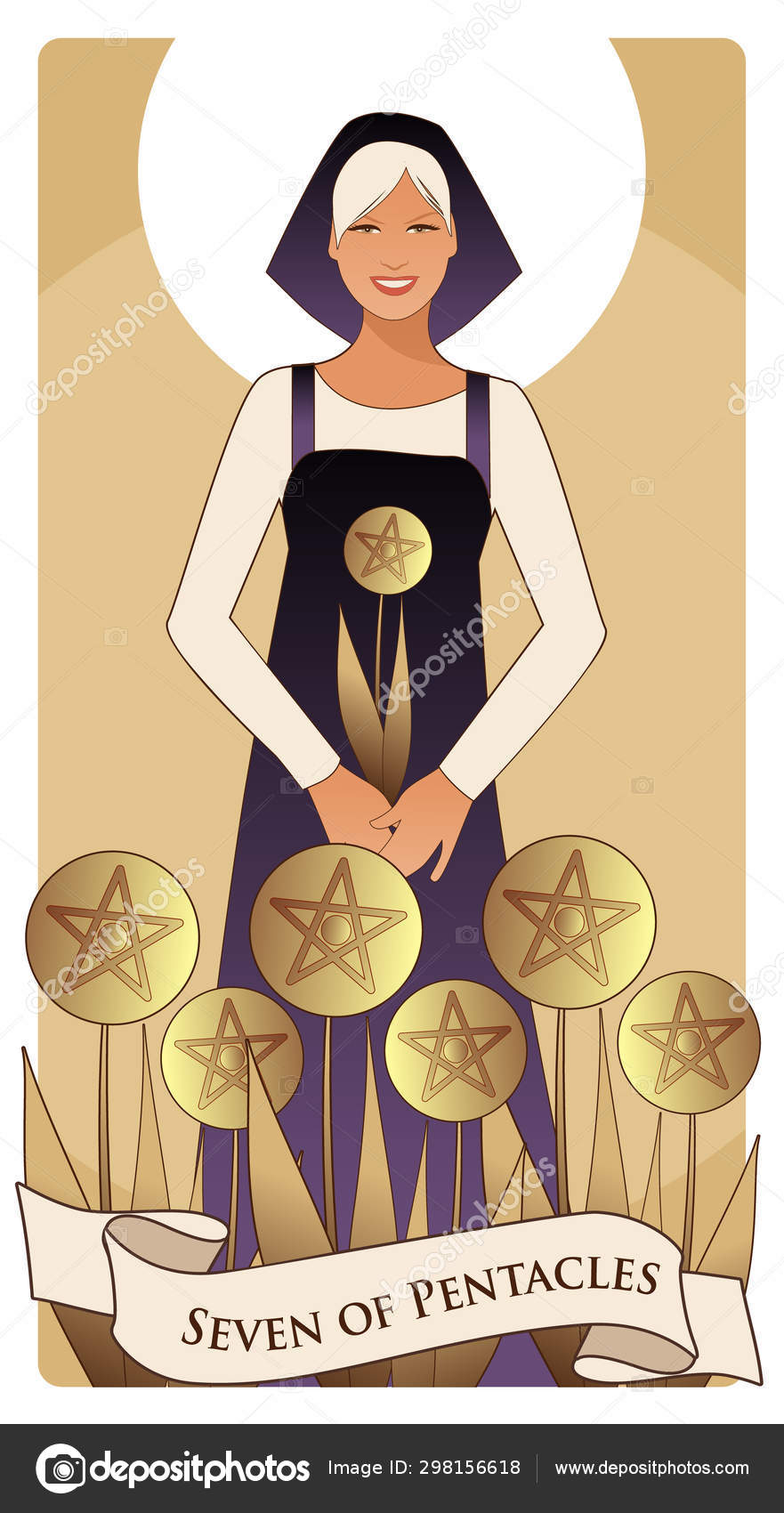 Seven of pentacles. Tarot cards. Beautiful worker collecting a harvest ...