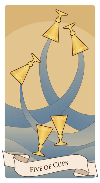 Five of cups. Tarot cards. Three golden cups spilling its contents over ...