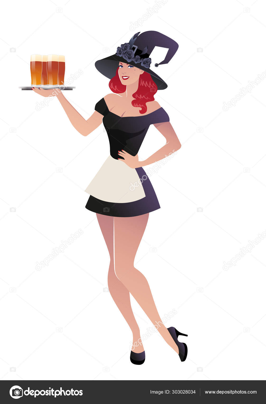 Beautiful pinup retro style witch, holding a tray with beers, isolated ...