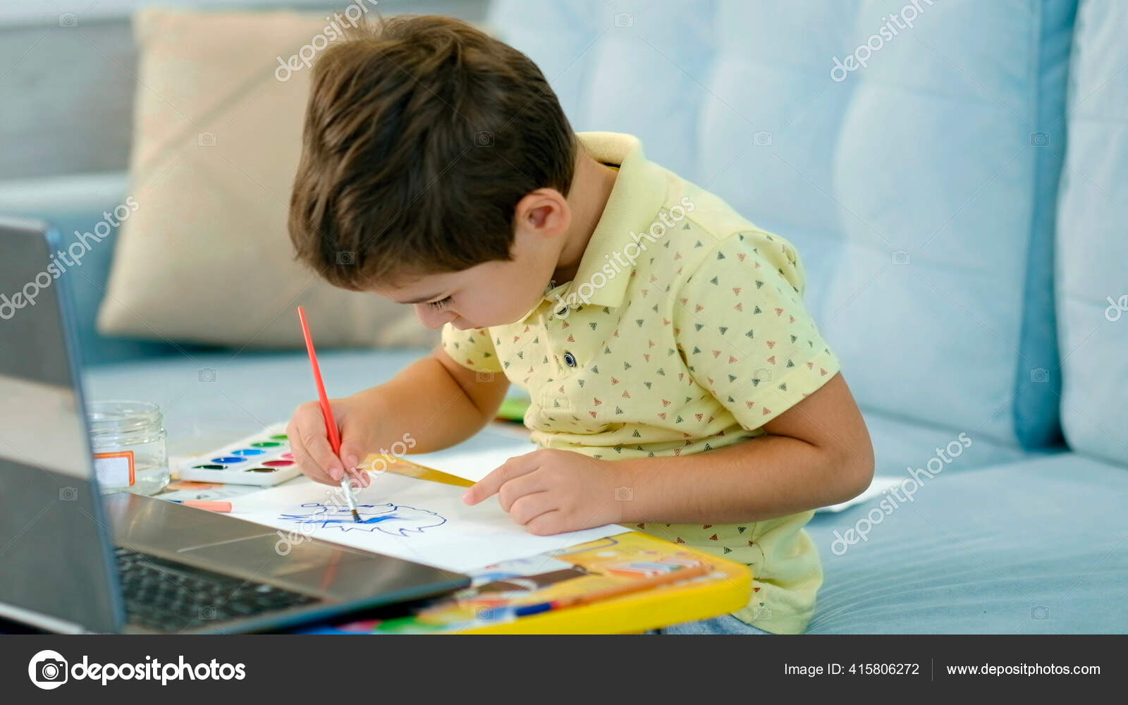 Little boy in virtual class. School at home. little cute boy is taking ...