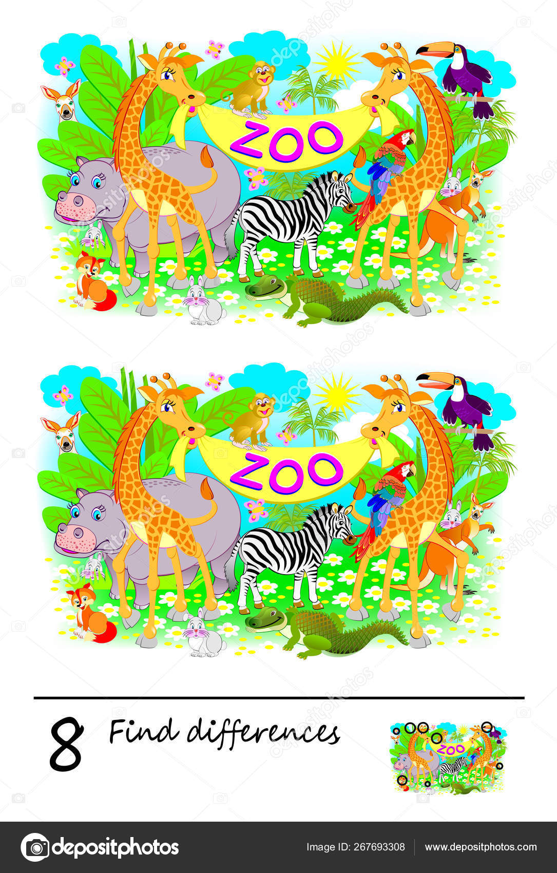 Logic Puzzle Game Children Need Find Differences Zoological Garden ...