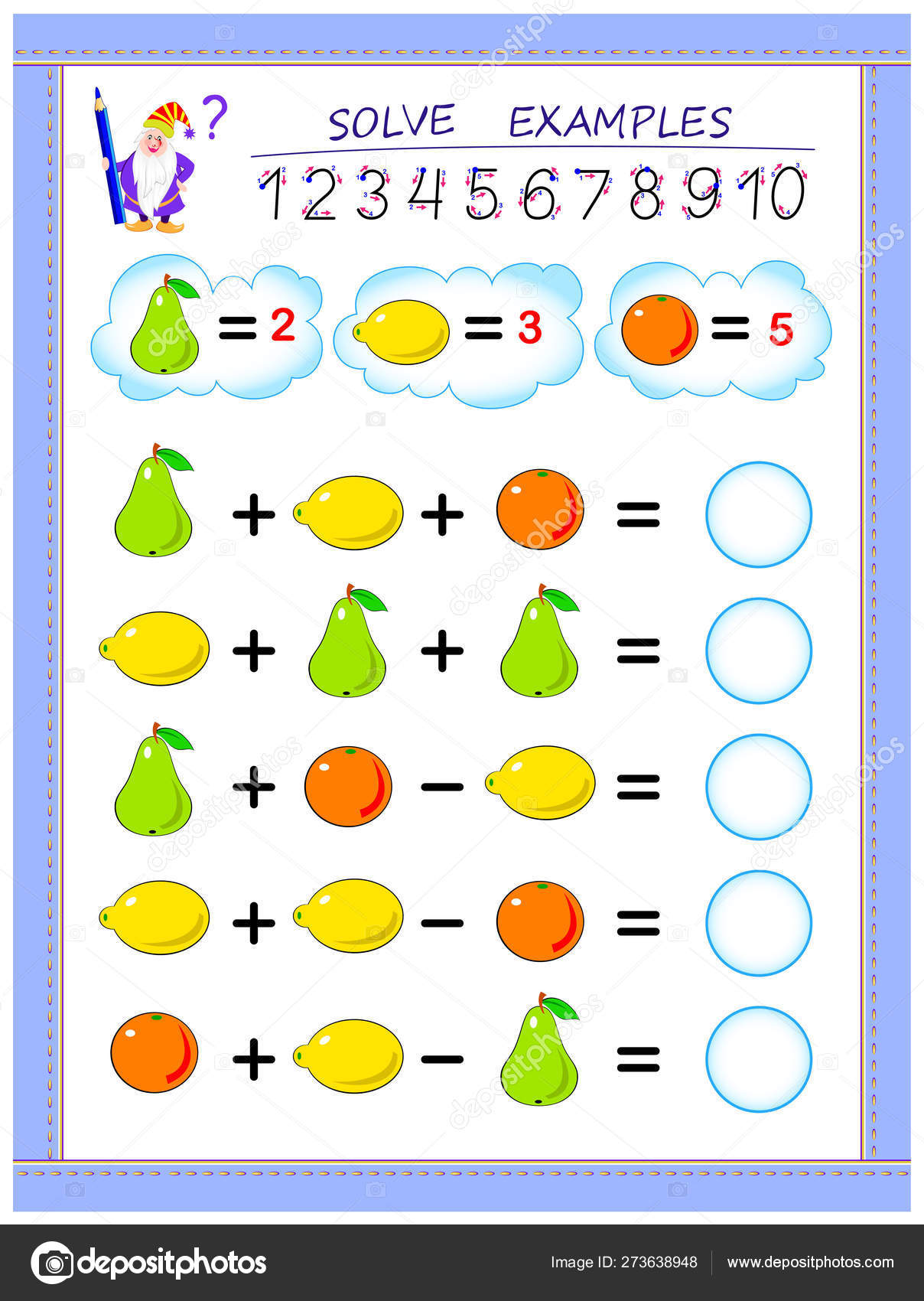 Educational Page Children Addition Subtraction Solve Examples Write ...