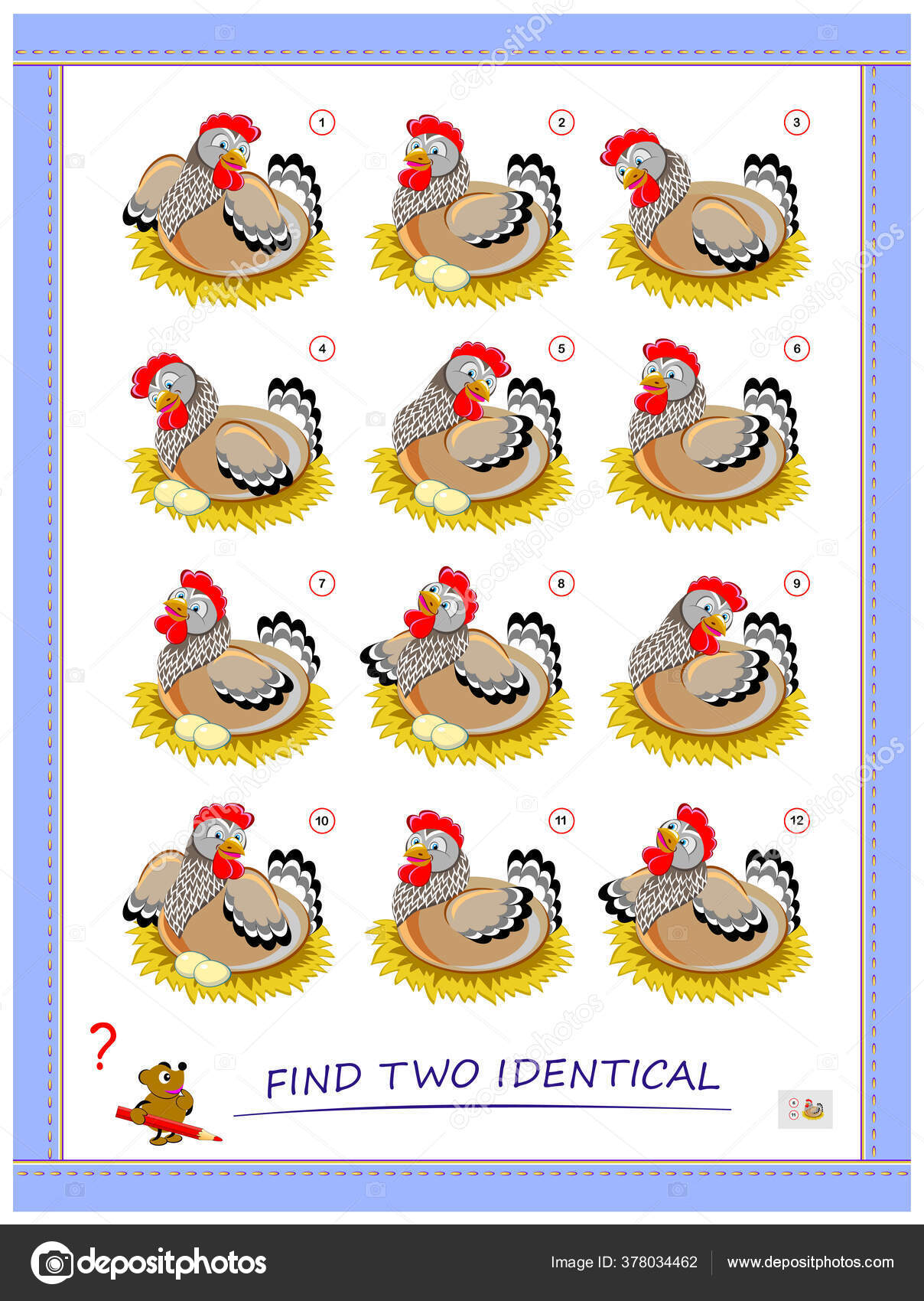 Logic Puzzle Game Children Adults Find Two Identical Hens Printable ...