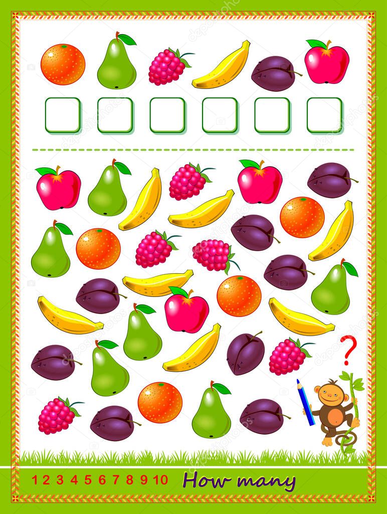Educación matemática para niños. Cuenta la cantidad de frutas y escribe ...