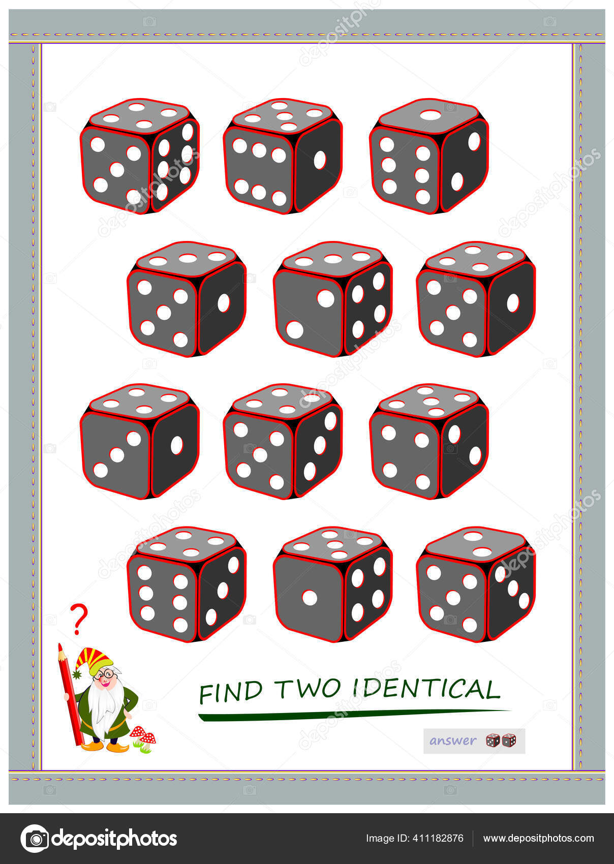 Logic Puzzle Game Children Adults Find Two Identical Dices Printable ...
