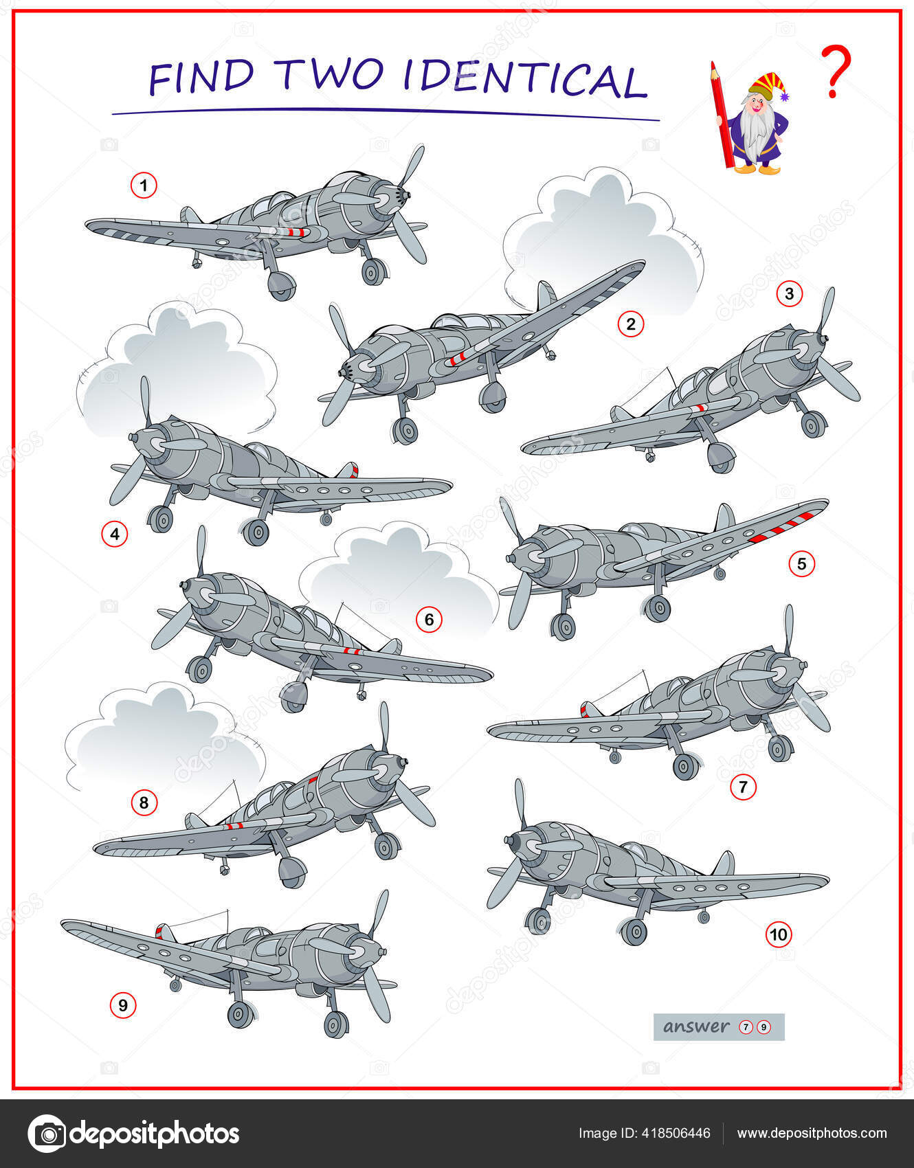 Logic Puzzle Game Children Adults Find Two Identical Airplanes ...