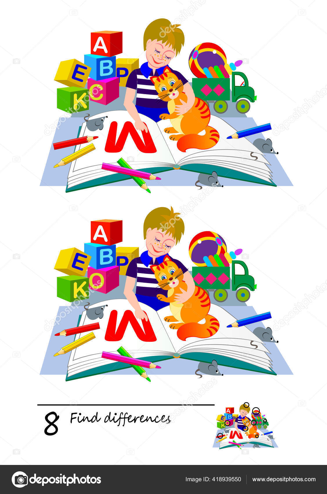 Find Differences Illustration Boy Cat Learning Read Logic Puzzle Game ...