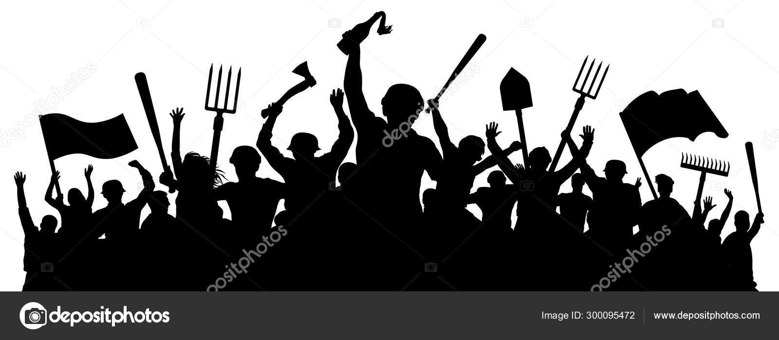 Angry crowd of people. Mass riots. Protest revolution silhouette vector ...