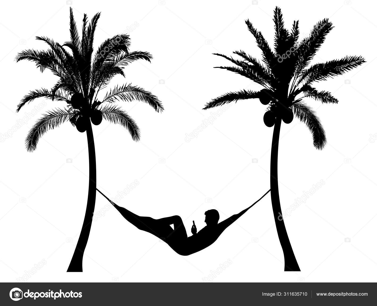 Person relax. Lies in hammock surrounded by palm trees. Vector ...