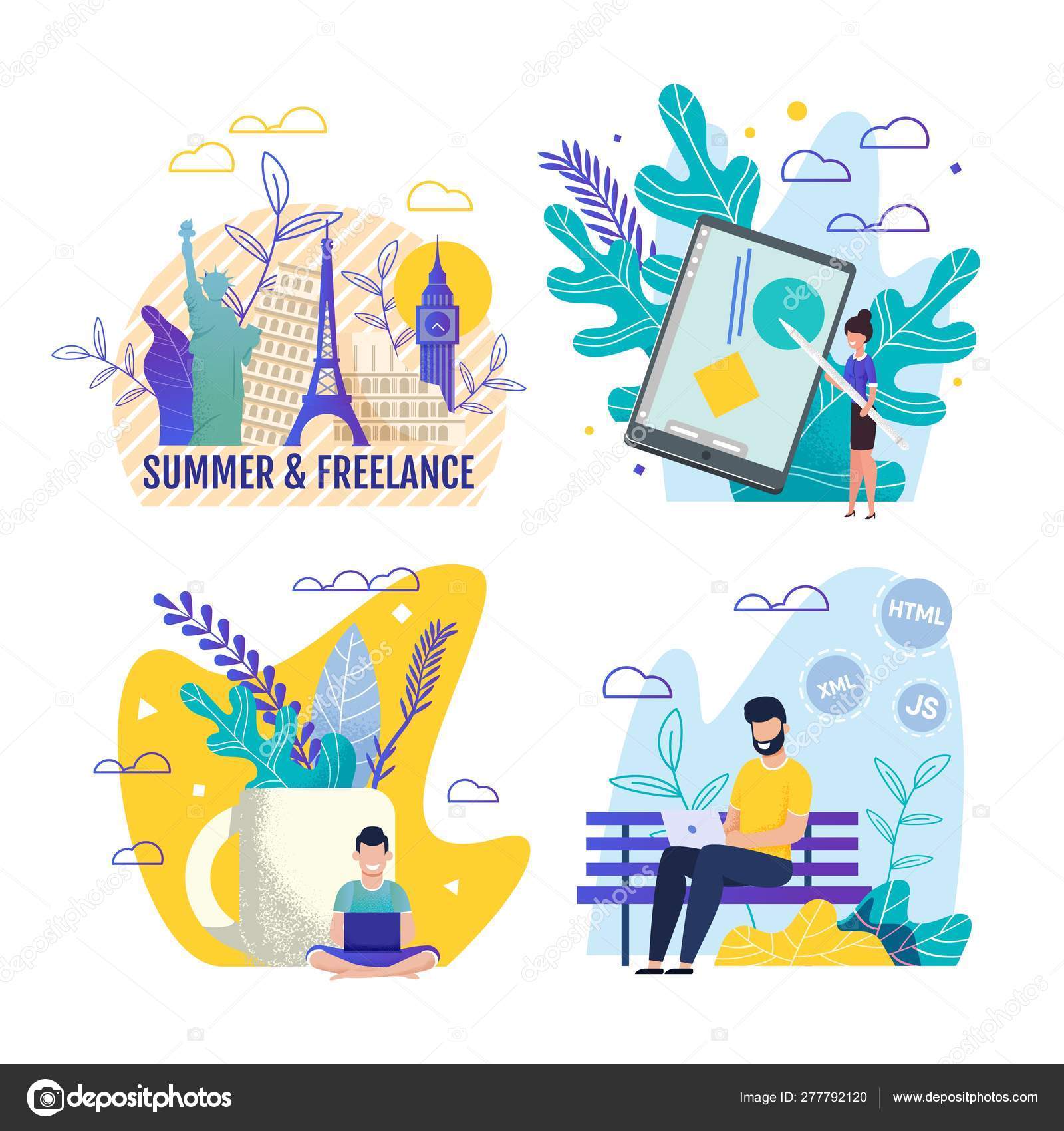Summer and Freelance, Work and Travel Cards Set Stock Illustration by ...